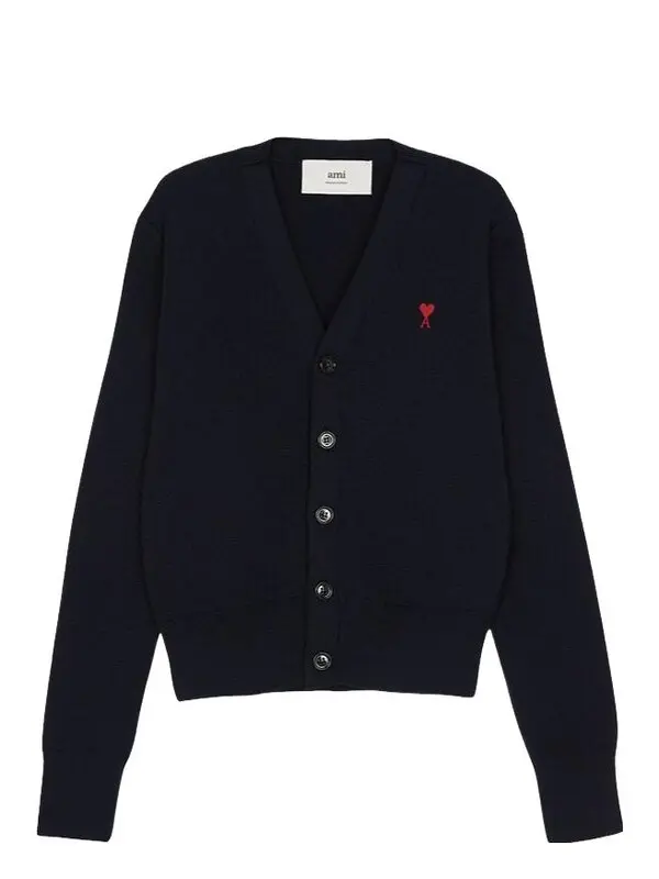 AMI Paris V-neck Cardigan With Embroidered Logo - Black