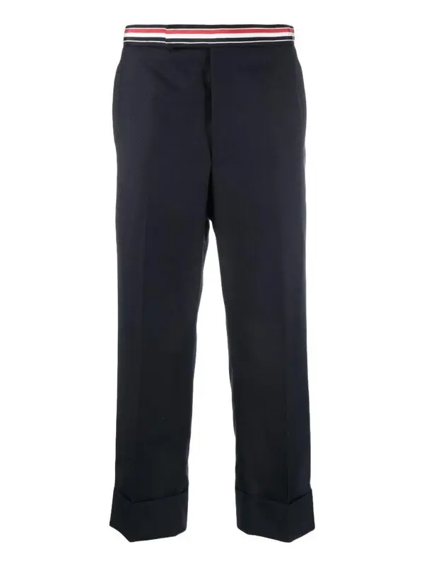 Thom Browne Cropped Trousers With Striped Band - Navy Blue