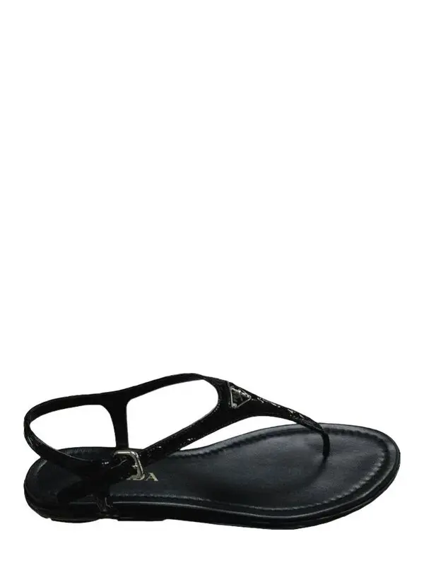 Prada Patent Leather Flat Sandals With Adjustable Buckle - Black