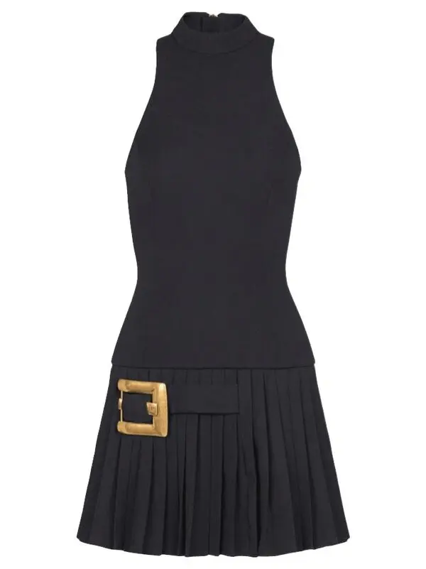 Balmain High Neck Flared Dress With Anthem Belt - Black