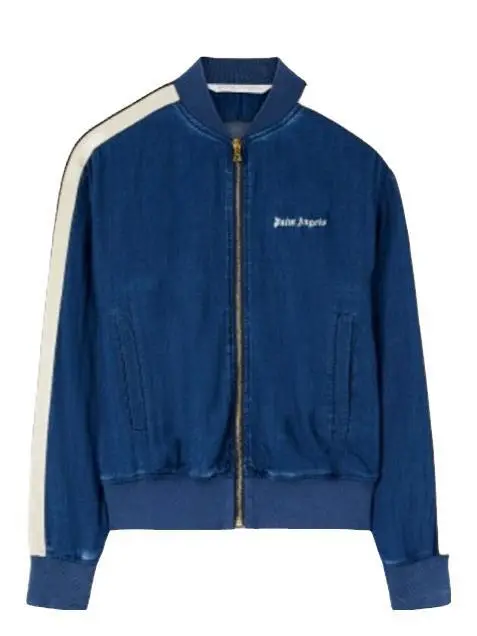 Palm Angels Logo Embroidered Denim Bomber Jacket - Blue