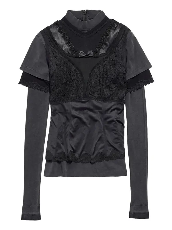 Balenciaga Layered Long-sleeved Top With Lace And Zip Detail - Black