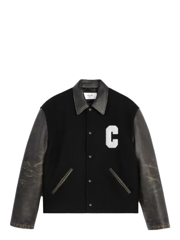 Celine Wool Felt Teddy Jacket With Leather Sleeves - Black