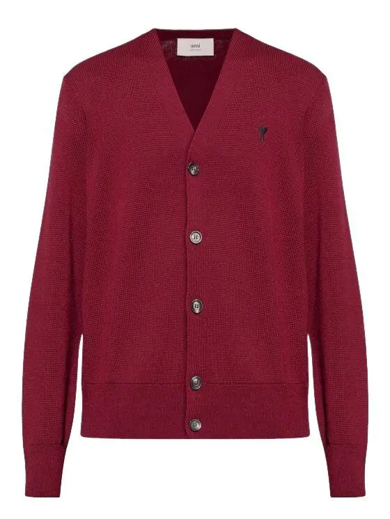 Ami V-neck Cardigan With Embroidered Logo - Burgundy Red