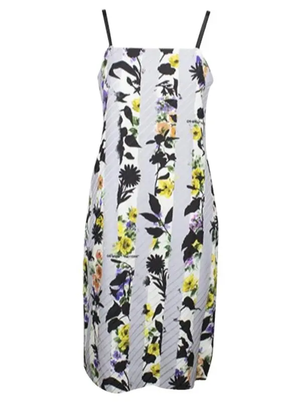 Off-White Striped Floral Print Dress - Gray
