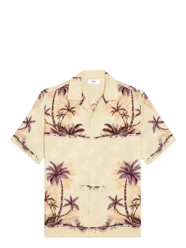Celine Hawaiian Shirt In Printed Silk - Champagne/rose/maroon