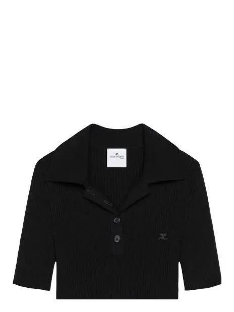 COURREGES Courrèges Half-button Knitted Cropped Polo Top - Black