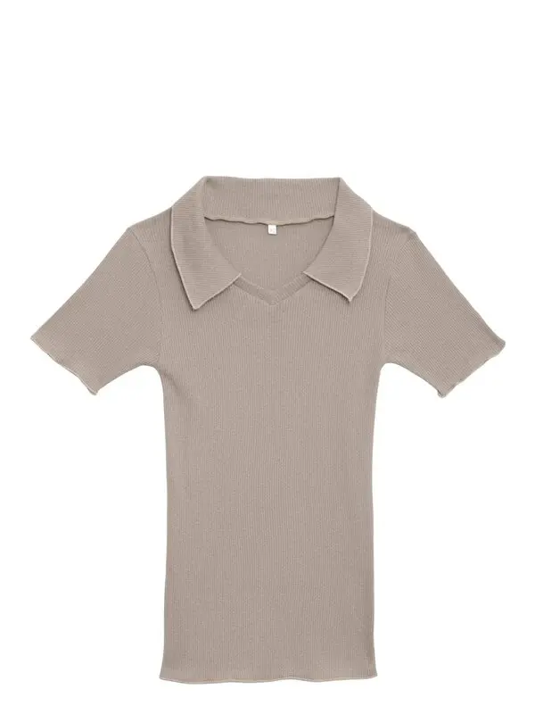 BASERANGE Short-sleeved Ribbed Knit Top With Collar - Brent Brown