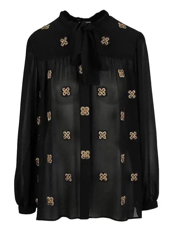 Saint Laurent Logo Embroidered Silk Blouse - Black
