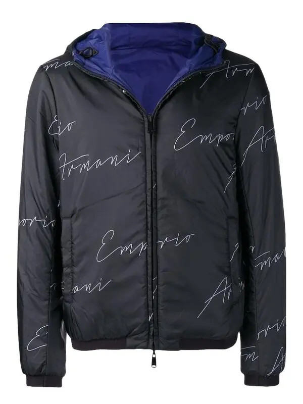 Emporio Armani Logo Print Hooded Casual Jacket - Black