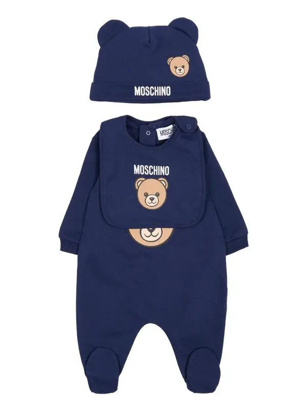 Moschino Teddy Bear Print Jumpsuit, Bib, And Hat Set - Blue