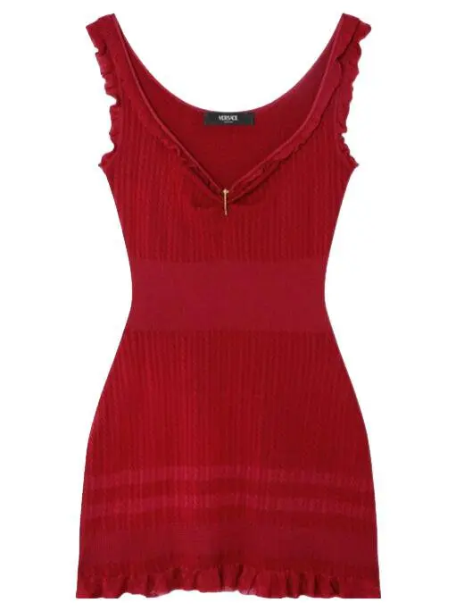 Versace Sleeveless Ruffled Ribbed Mini Dress - Red