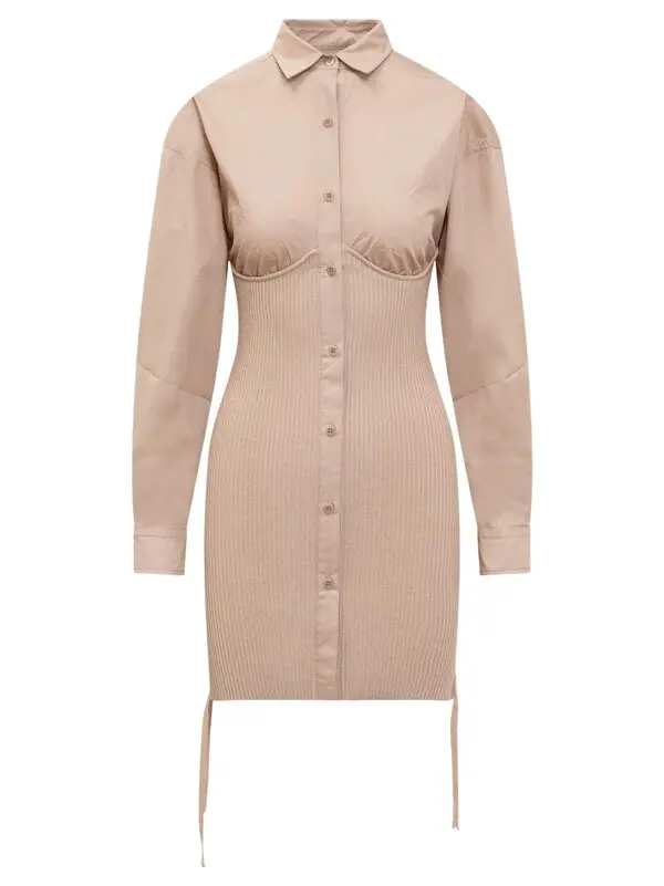 ANDREĀDAMO Ribbed Shirt Dress With Button Details - Nude