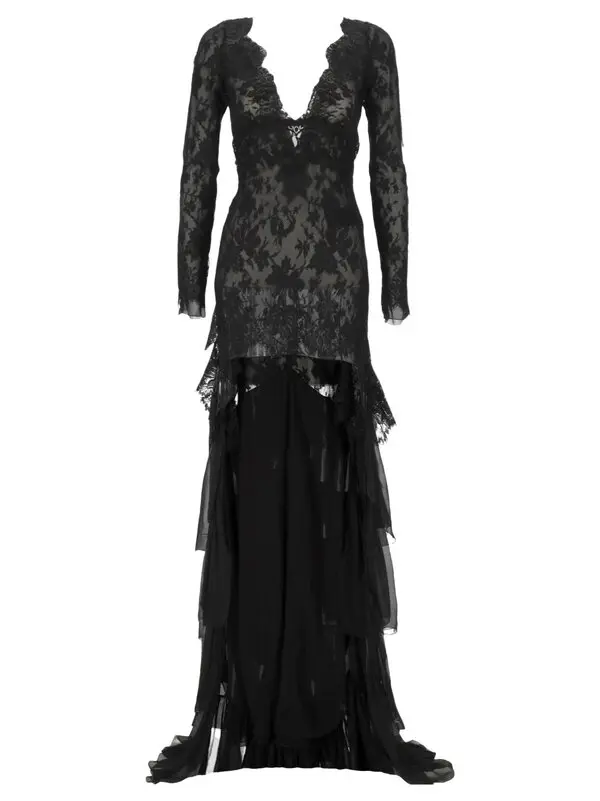 Saint Laurent Ruffled Lace V-neck Maxi Dress - Black
