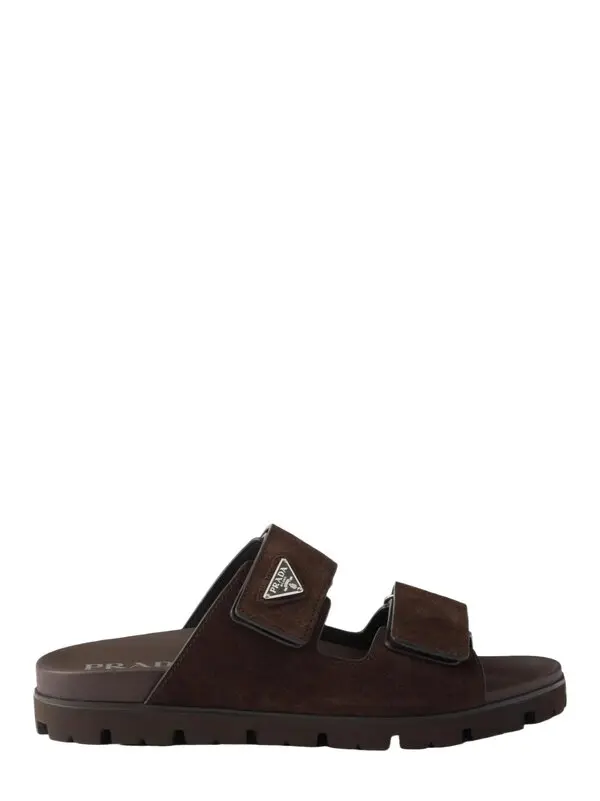 Prada Enamel Triangle Slip-on Sandals - Brown