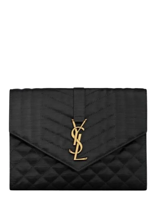 Saint Laurent Envelope Flap Pouch In Mix Matelassé Satin - Black