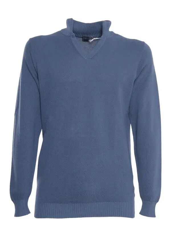 Fedeli V-neck Knitted Pullover With Standing Collar - Blue