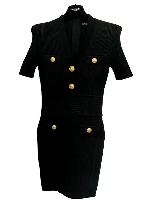 Balmain V-neck Woven Mesh Mini Dress - Black
