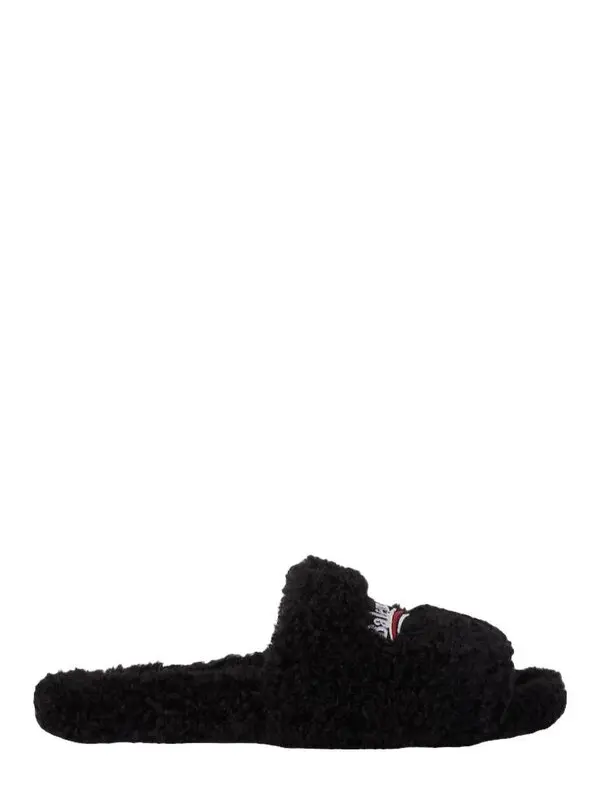 Balenciaga Embroidered Furry Slide Sandals - Black