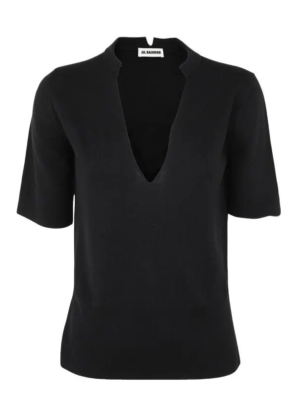 JIL SANDER V-neck Short Sleeve Knit Top - Black
