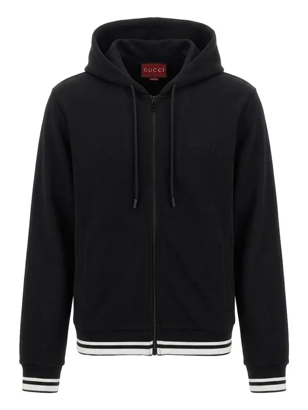 Gucci Technical Jersey Hooded Zip Jacket With Embossed Logo - Black