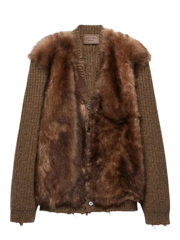 Prada Wool And Shearling Cardigan - Caramel Color