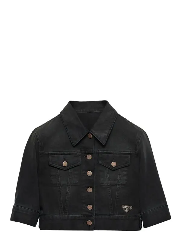 Prada Cropped Denim Jacket With Logo Detail - Black