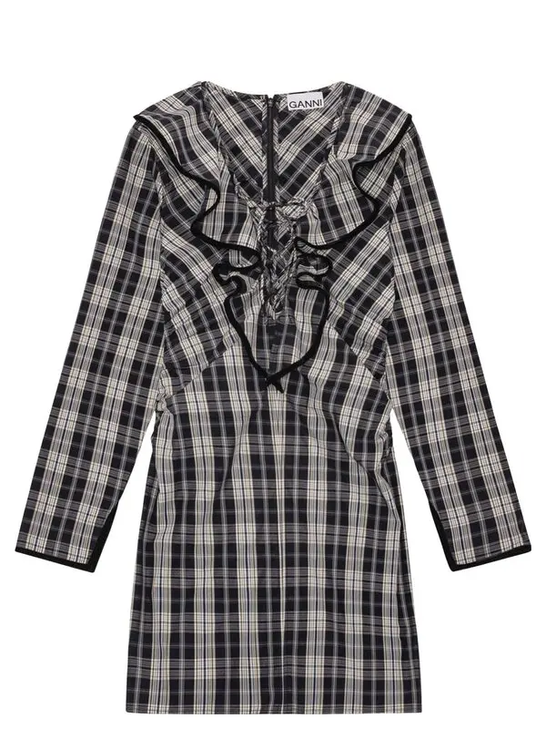 GANNI Checkered Cotton Ruffle V-neck Mini Dress - Black
