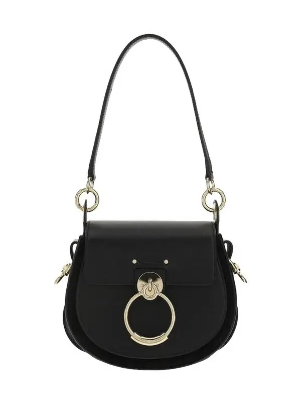 Chloé Tess Logo Embossed Ring Embellished Shoulder Bag - Black