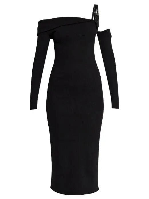 Versace Off-shoulder Strap-buckle Midi Dress - Black