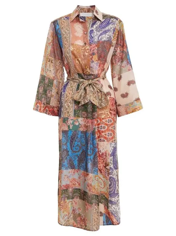 Zimmermann Devi Paisley Pattern Silk Midi Shirt Dress - Nude