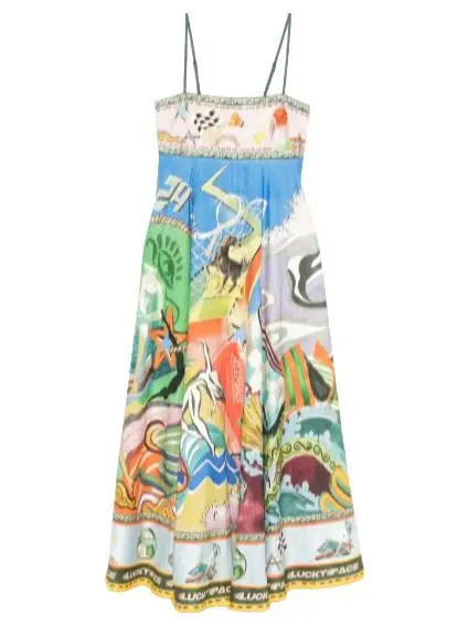 ALEMAIS Lucky Pace Graphic Print Midi Dress - Light Blue