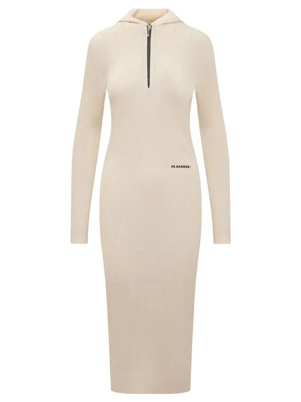 JIL SANDER Ribbed Knit Midi Dress With Hood And Zip Front - Nude