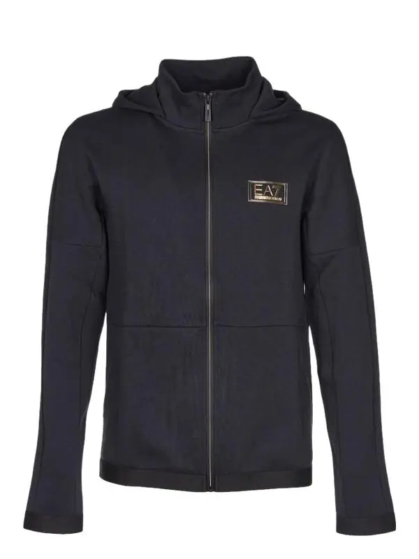 EA7 Zip-up Hooded Casual Jacket With Logo Print - Black