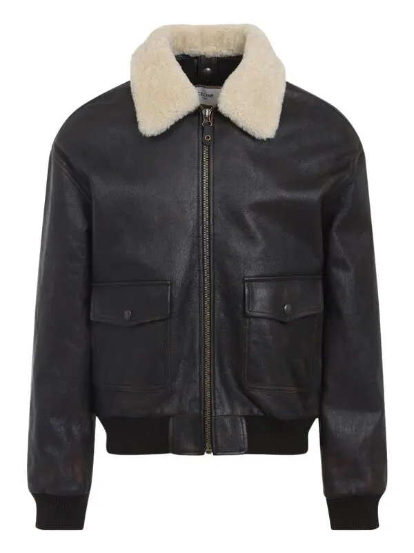 Celine Leather Bomber Jacket With Shearling Collar - Black