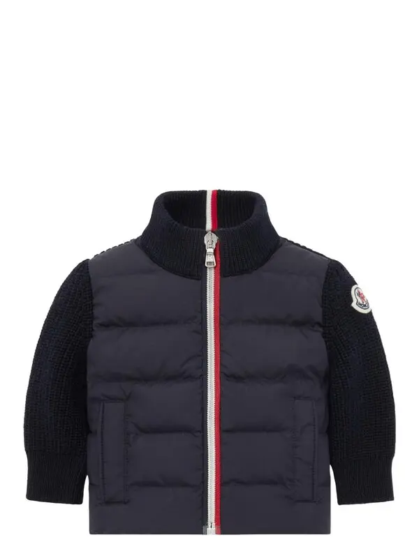Moncler Padded Wool Zip-up Cardigan With Tricolor Trim - Navy Blue