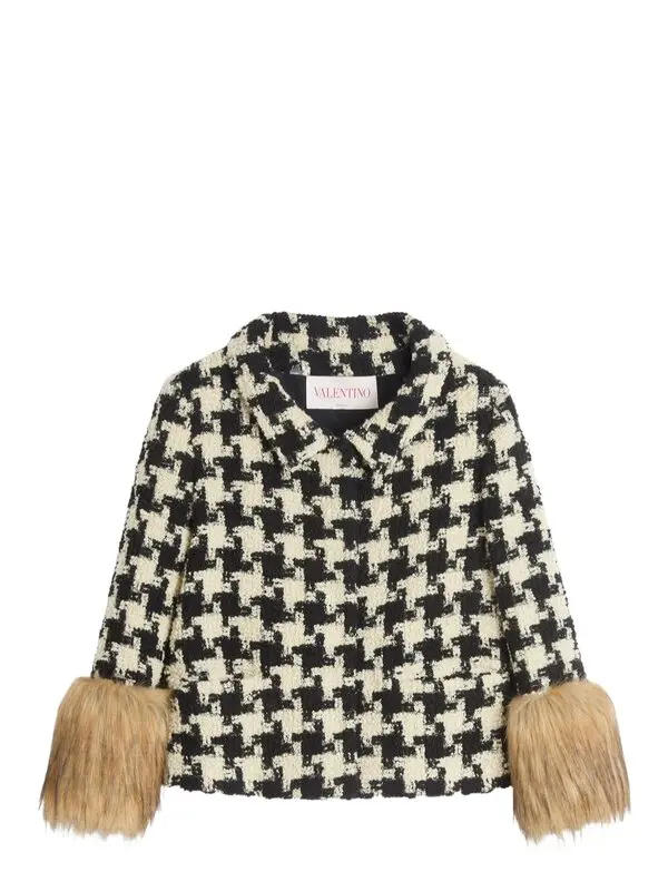 Valentino Garavani Houndstooth Tweed Jacket With Faux Fur Trim - Nude