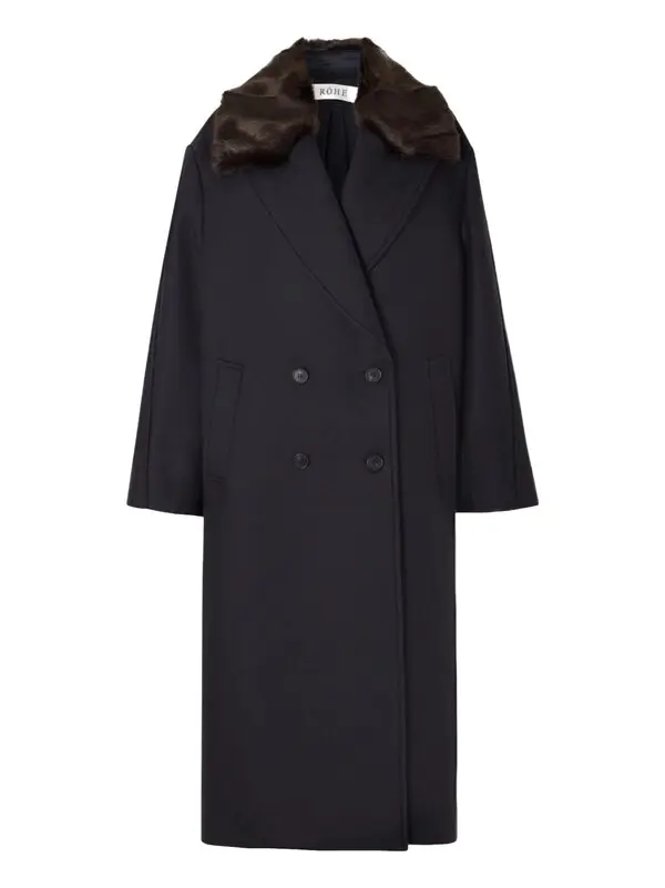 RÓHE Long-sleeved Double-breasted Coat With Fur Collar - Navy