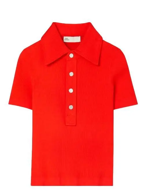 Tory Burch Short-sleeved Ribbed Polo Shirt - Hot Red