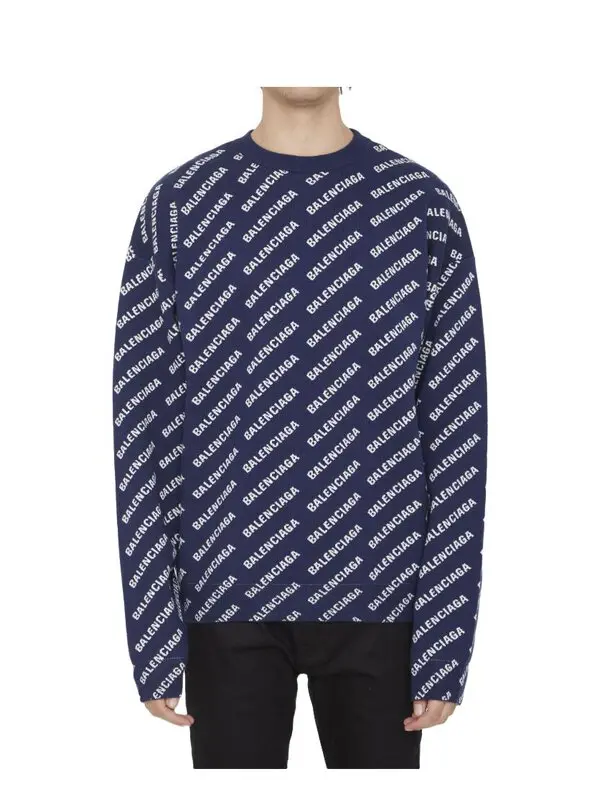 Balenciaga Allover Logo Crewneck Knit Jumper - Blue