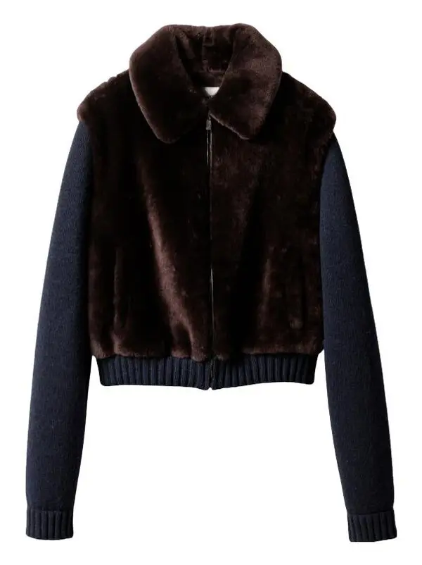 Miu Miu Shearling And Knit Blouson Jacket - Coffee