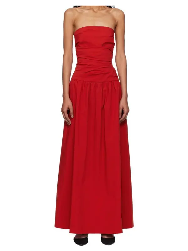 ST. AGNI Pleated Off-the-shoulder Belted Maxi Dress - Red