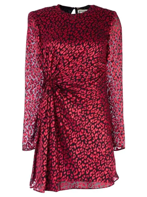 Saint Laurent Leopard Print Silk Dress With Pleated Detail - Red