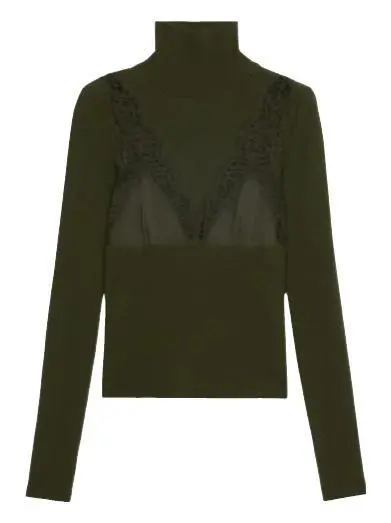 Blumarine Ribbed Turtleneck Top With Lace Inserts - Green