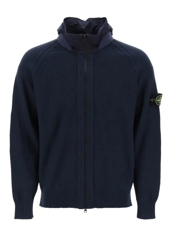 Stone Island Long-sleeved Zipper Cardigan With Hood - Blue