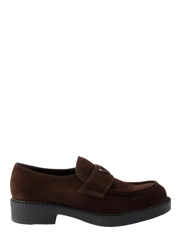 Prada Chocolate Suede Loafers With Enameled Triangle Logo - Dark Brown