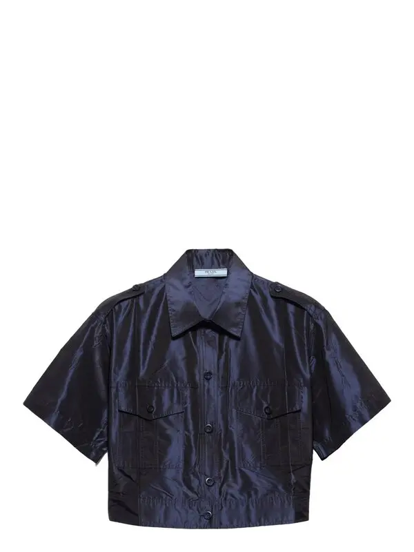 Prada Cropped Taffeta Shirt With Classic Collar And Flapped Pockets - Navy