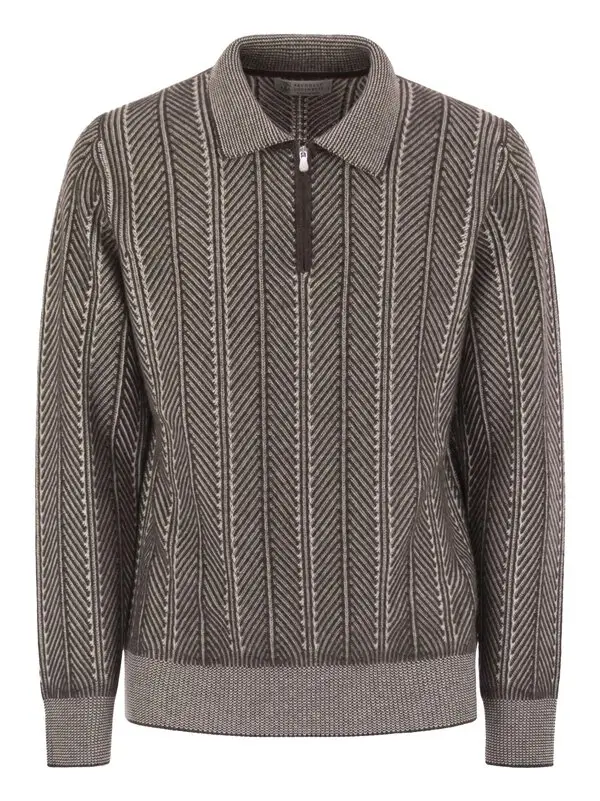 Brunello Cucinelli Herringbone Patterned Zip-up Polo Shirt - Black