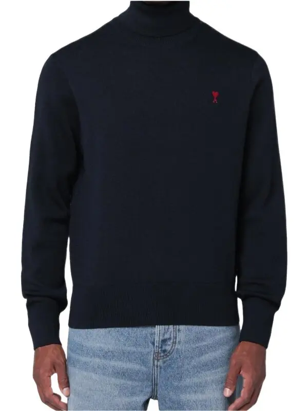 Ami High-neck Embroidered Sweater - Navy Blue