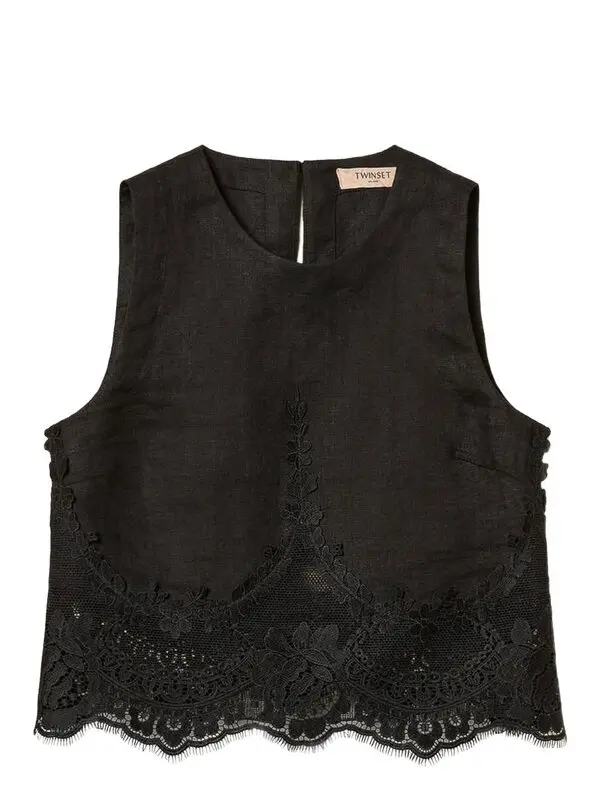 TWINSET Sleeveless Lace Trim Top - Black